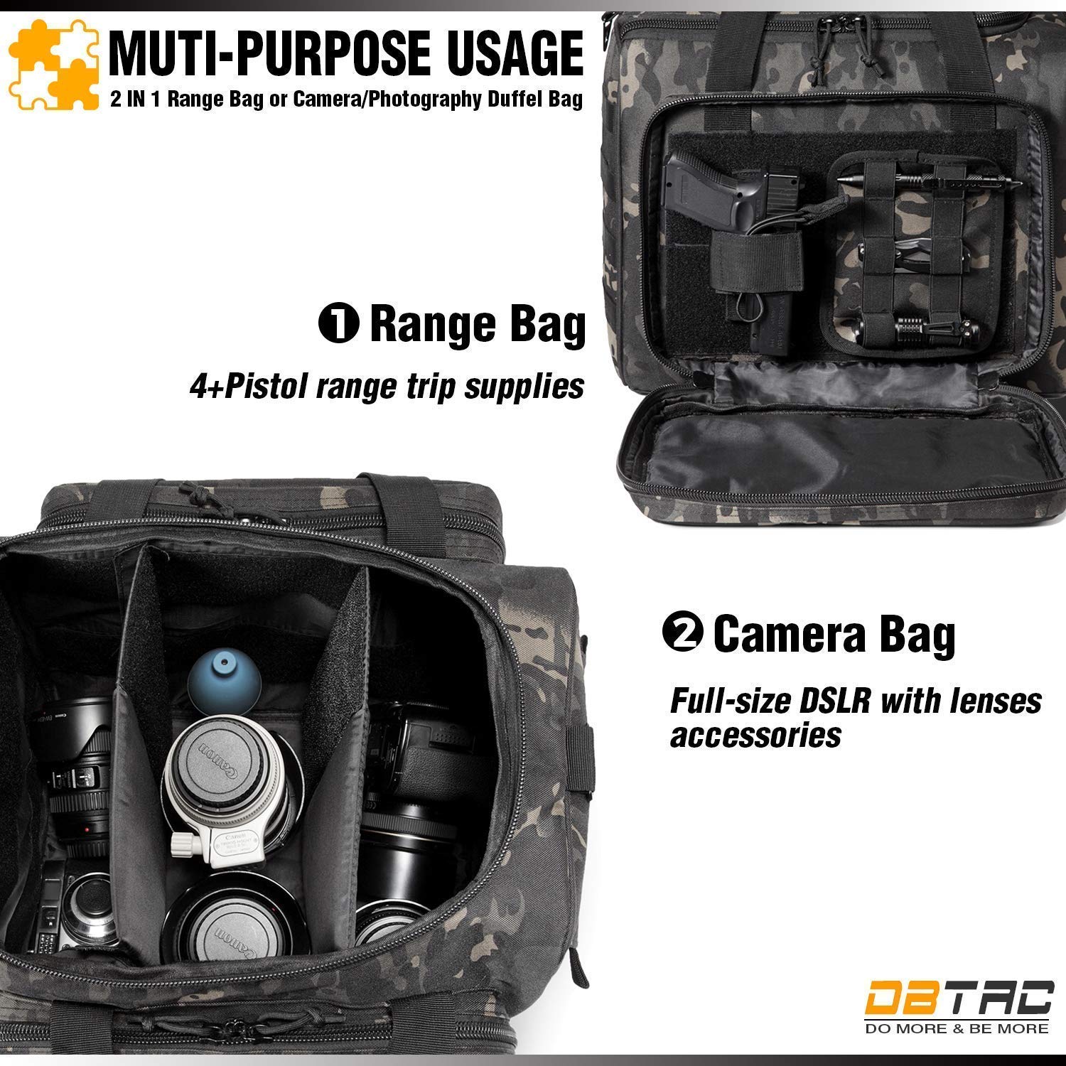 DBTAC Gun Range Bag Large | Tactical 4+ Pistol Shooting Range Duffle Bag for Handguns and Ammo with 2X Removable Hook & Loop Divider for DSLR | US Flag Patch + Universal Holster Included (Black Camo)