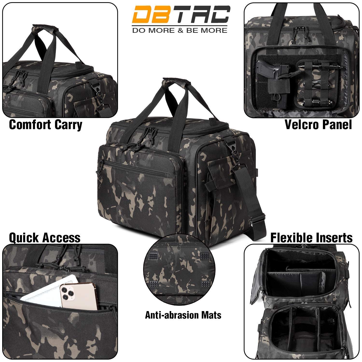 DBTAC Gun Range Bag Large | Tactical 4+ Pistol Shooting Range Duffle Bag for Handguns and Ammo with 2X Removable Hook & Loop Divider for DSLR | US Flag Patch + Universal Holster Included (Black Camo)