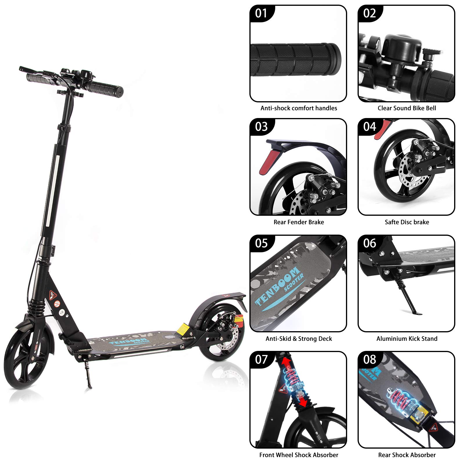 TENBOOM Adult Scooter for Teens and Adults, Lightweight, Disc Brakes, 8" Wheels, Adjustable Height, Foldable Design, Suitable for Riders 3.9-6 Feet, Easy to Carry and Operate