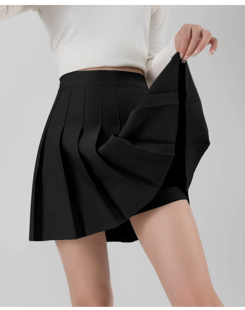 Women Girls 2023 high Waisted Pleated Skater Tennis School Skirt Uniform Skirts A-Black