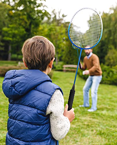 HIRALIY Badminton Rackets Set of 4 for Outdoor Backyards Games, Including 4 Rackets, 12 Nylon Shuttlecocks, 4 Replacement Grip Tapes (Blue)