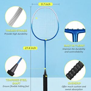 HIRALIY Badminton Rackets Set of 4 for Outdoor Backyards Games, Including 4 Rackets, 12 Nylon Shuttlecocks, 4 Replacement Grip Tapes (Blue)