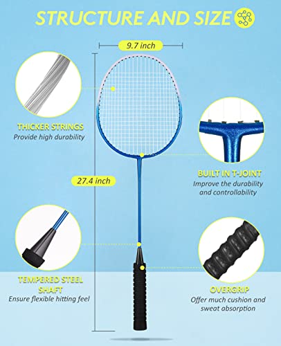 HIRALIY Badminton Rackets Set of 4 for Outdoor Backyards Games, Including 4 Rackets, 12 Nylon Shuttlecocks, 4 Replacement Grip Tapes (Blue)