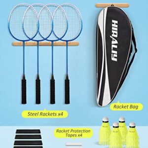 HIRALIY Badminton Rackets Set of 4 for Outdoor Backyards Games, Including 4 Rackets, 12 Nylon Shuttlecocks, 4 Replacement Grip Tapes (Blue)