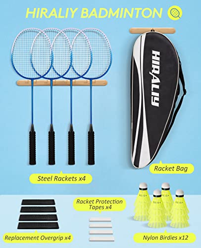 HIRALIY Badminton Rackets Set of 4 for Outdoor Backyards Games, Including 4 Rackets, 12 Nylon Shuttlecocks, 4 Replacement Grip Tapes (Blue)