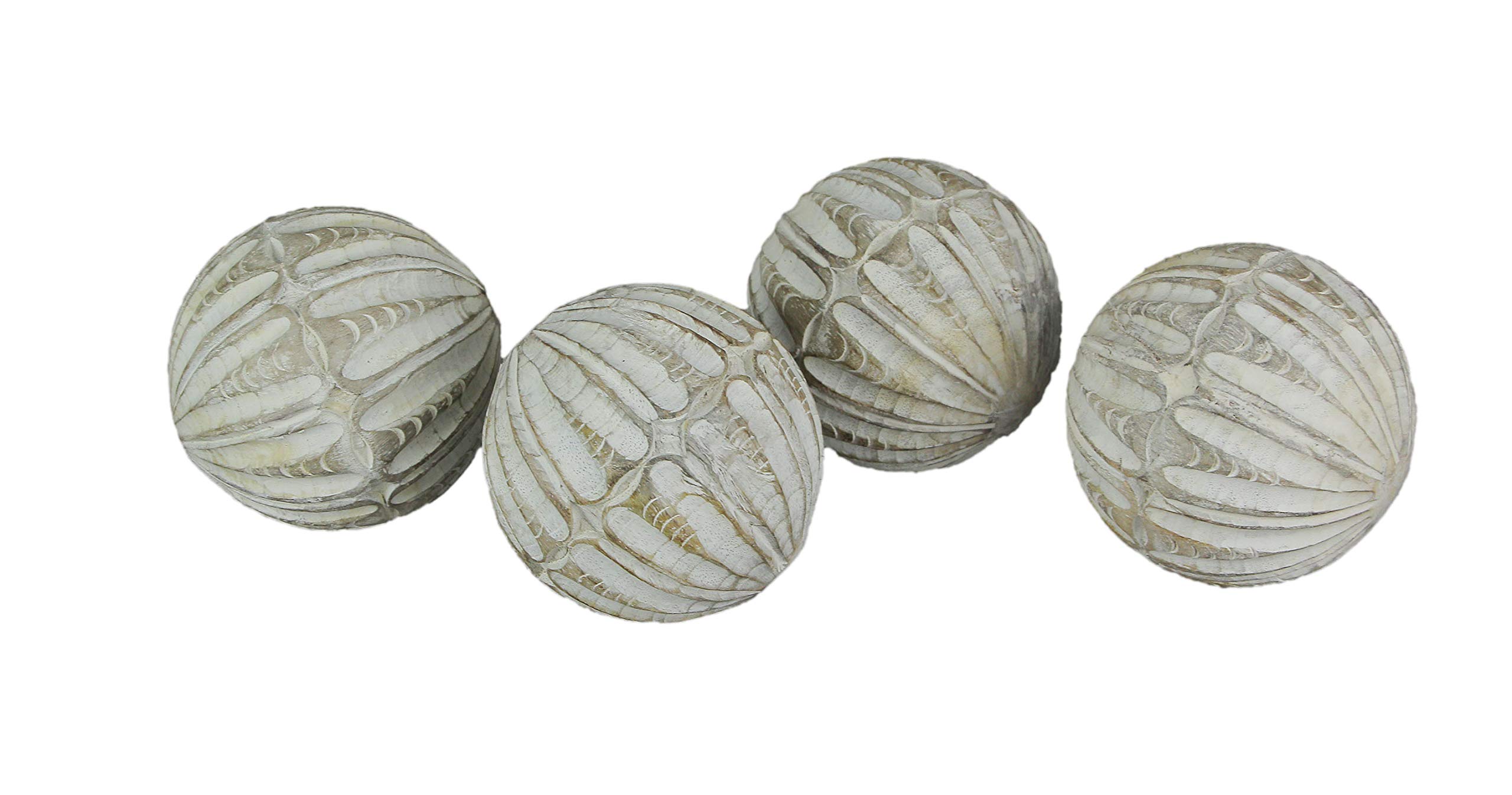 Things2Die4 Weathered Whitewashed Hand Carved Wooden Decor Balls Set of 4