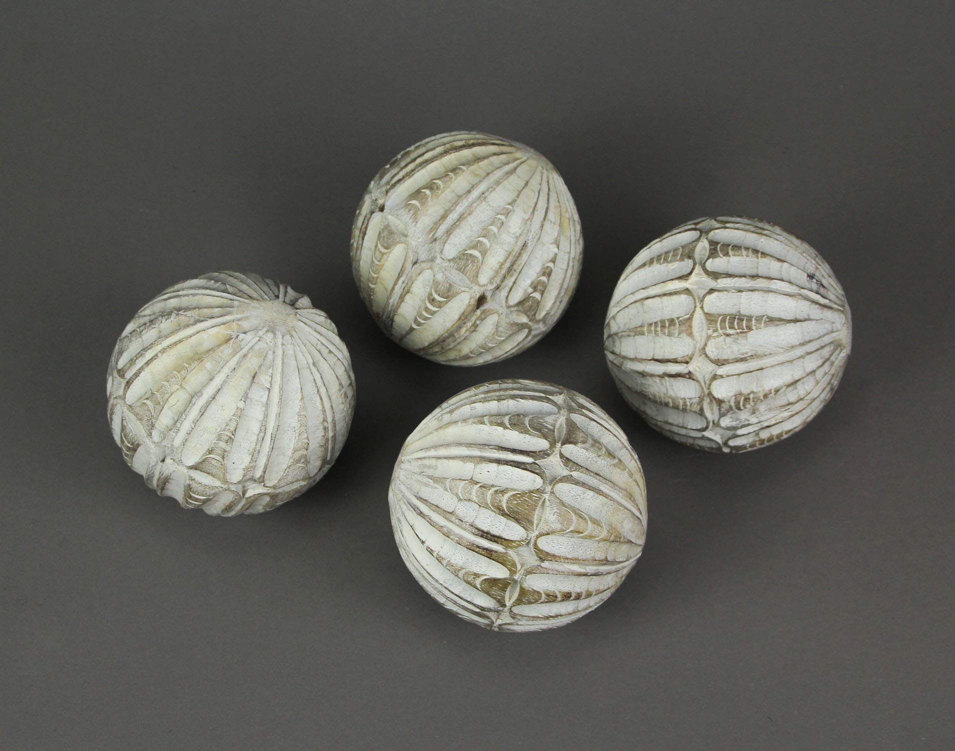 Things2Die4 Weathered Whitewashed Hand Carved Wooden Decor Balls Set of 4