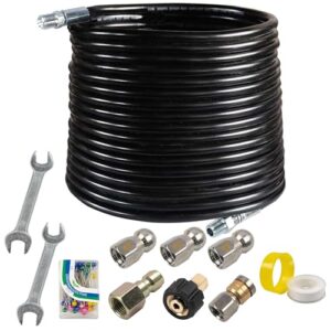 xiny tool sewer jetter kit for pressure washer, 100 ft 1/4 inch npt drain cleaning hose, orifice 4.0 button nose and rotating sewer jetting nozzle, 4000 psi