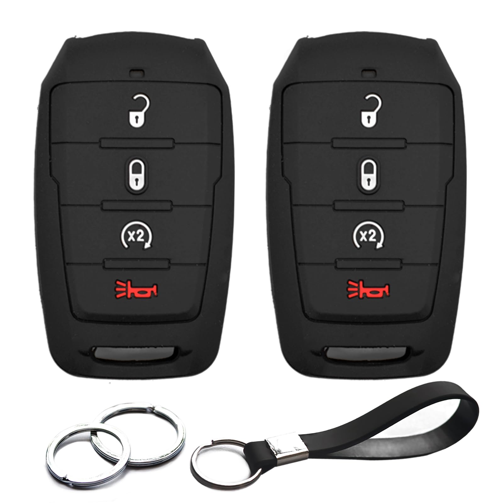 INFIPAR 2pcs Compatible with RAM 1500 4 Buttons Black Key Fob Cover Case Key Chain Protector Keyless Remote fit RAM 1500 Truck Pickup 4 Buttons Only for Push Button Start