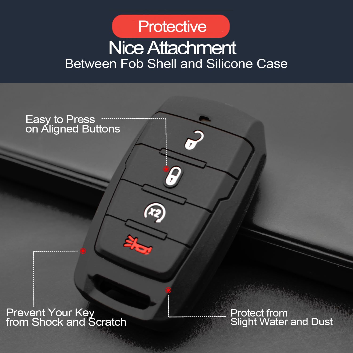 INFIPAR 2pcs Compatible with RAM 1500 4 Buttons Black Key Fob Cover Case Key Chain Protector Keyless Remote fit RAM 1500 Truck Pickup 4 Buttons Only for Push Button Start