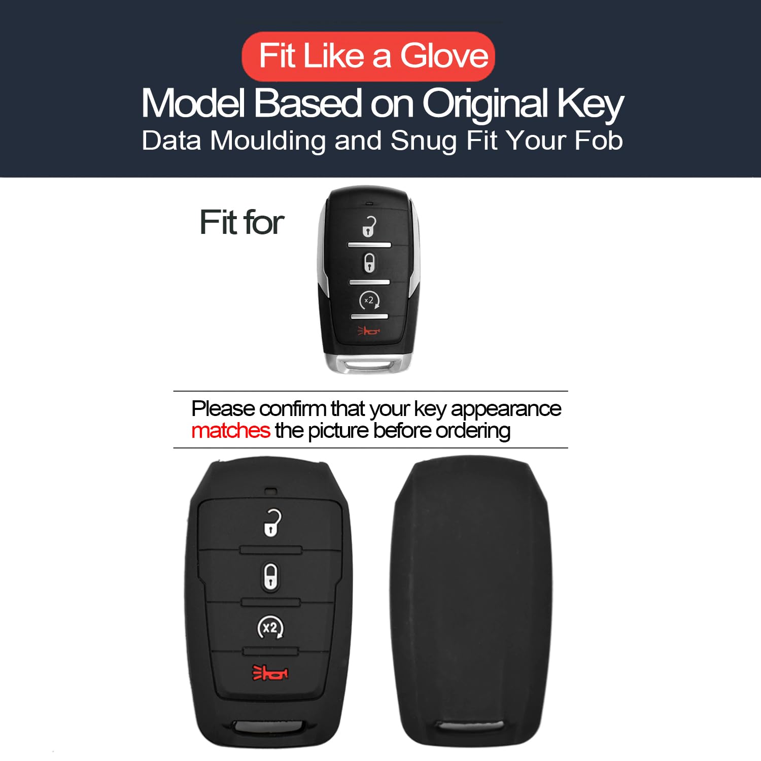 INFIPAR 2pcs Compatible with RAM 1500 4 Buttons Black Key Fob Cover Case Key Chain Protector Keyless Remote fit RAM 1500 Truck Pickup 4 Buttons Only for Push Button Start