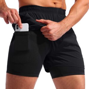 Pudolla Men’s 2 in 1 Running Shorts 5" Quick Dry Gym Athletic Workout Shorts for Men with Phone Pockets(Black Medium)