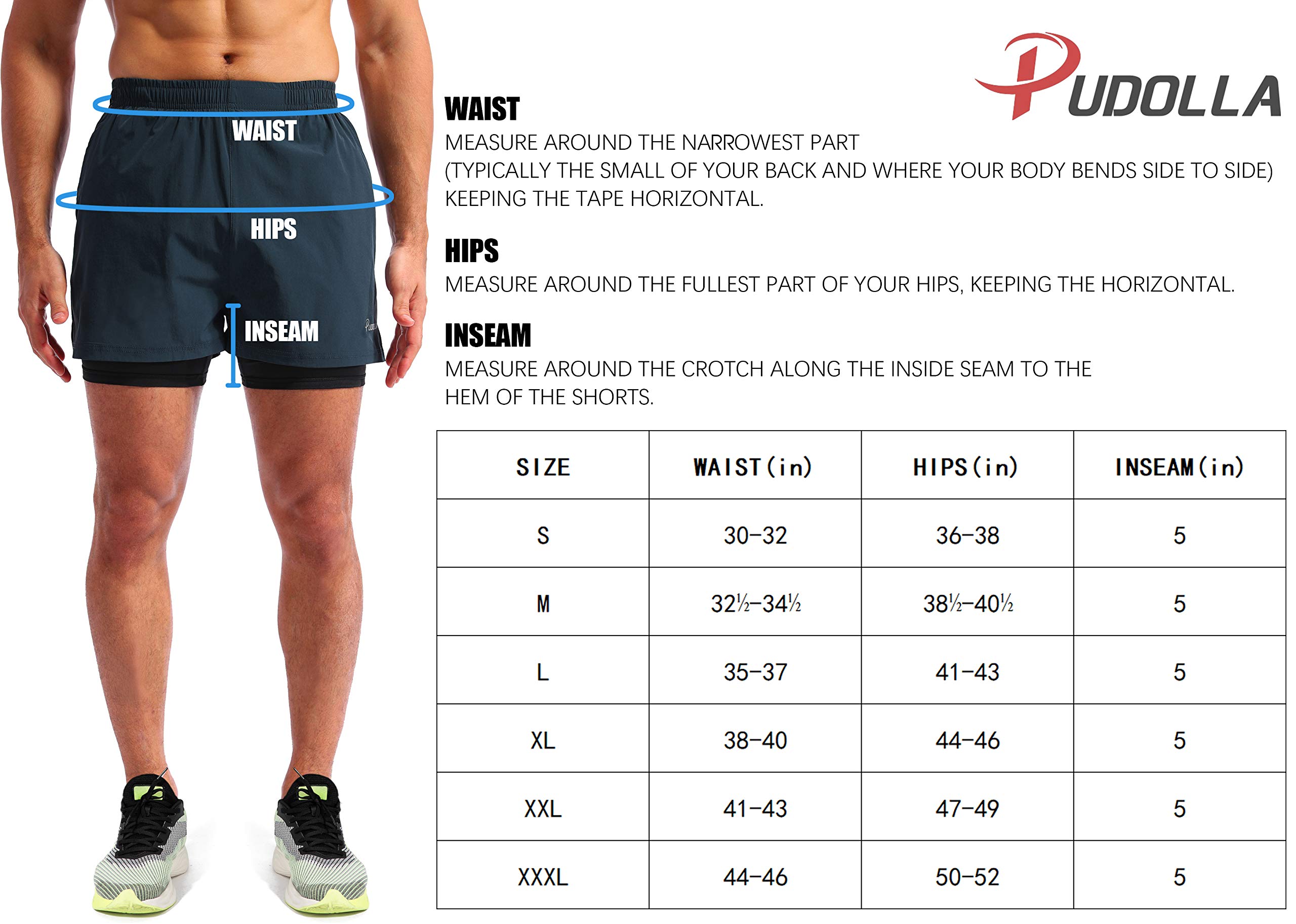 Pudolla Men’s 2 in 1 Running Shorts 5" Quick Dry Gym Athletic Workout Shorts for Men with Phone Pockets(Black Medium)