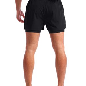 Pudolla Men’s 2 in 1 Running Shorts 5" Quick Dry Gym Athletic Workout Shorts for Men with Phone Pockets(Black Medium)