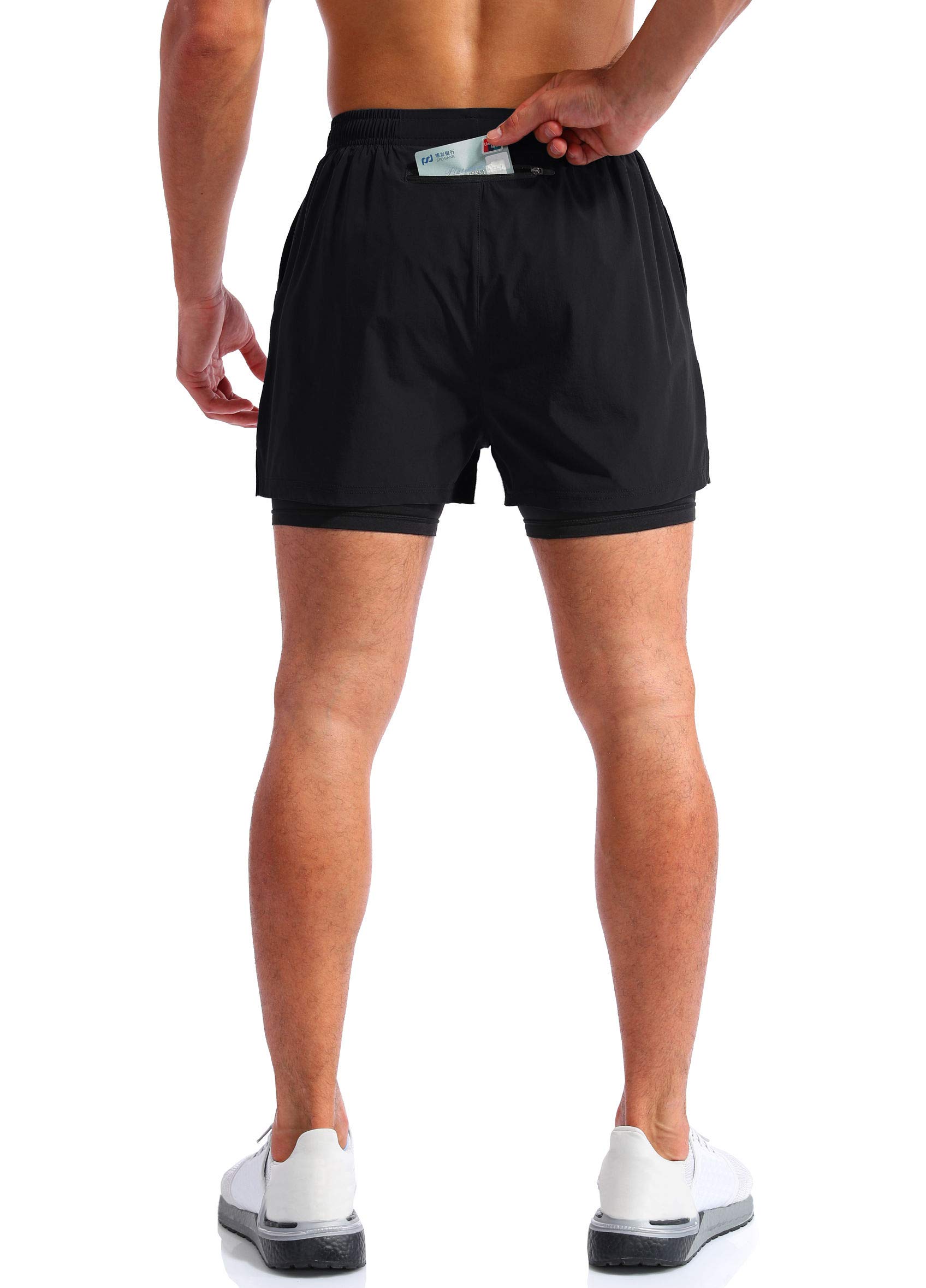 Pudolla Men’s 2 in 1 Running Shorts 5" Quick Dry Gym Athletic Workout Shorts for Men with Phone Pockets(Black Medium)