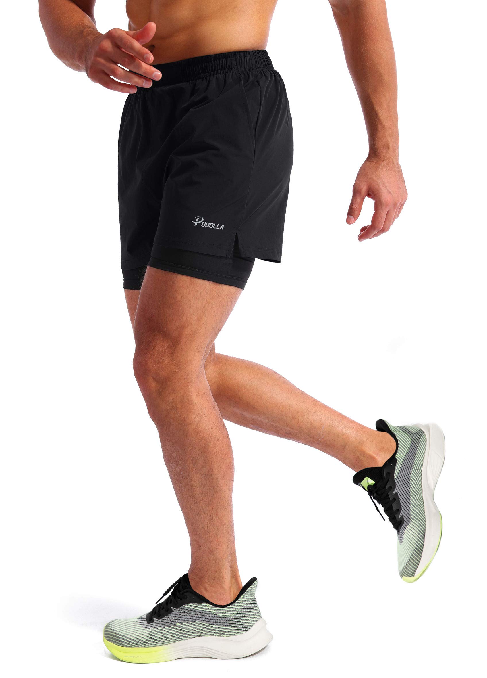 Pudolla Men’s 2 in 1 Running Shorts 5" Quick Dry Gym Athletic Workout Shorts for Men with Phone Pockets(Black Medium)