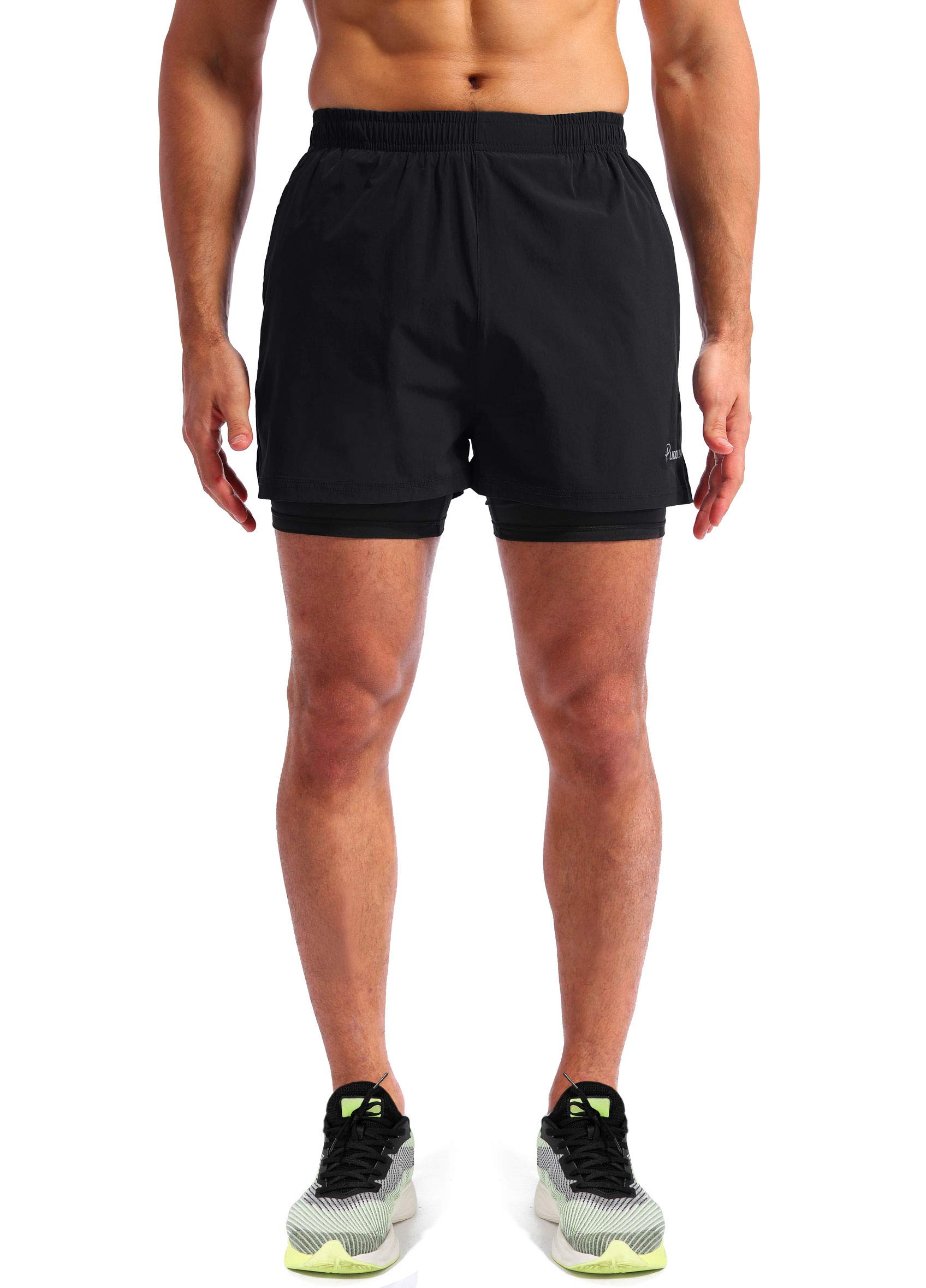 Pudolla Men’s 2 in 1 Running Shorts 5" Quick Dry Gym Athletic Workout Shorts for Men with Phone Pockets(Black Medium)