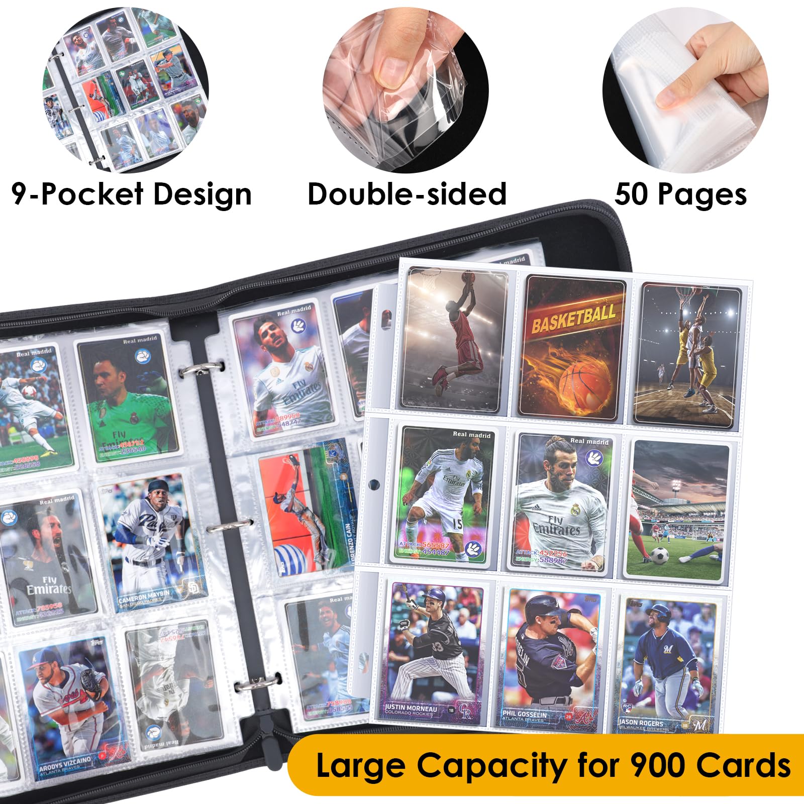 POKONBOY 900 Pockets Trading Card Binder Sleeves Baseball Card Binder Sleeves, Trading Card Holder Carrying Card Case Fit for Baseball Cards, Trading Cards, Football Cards (Black)