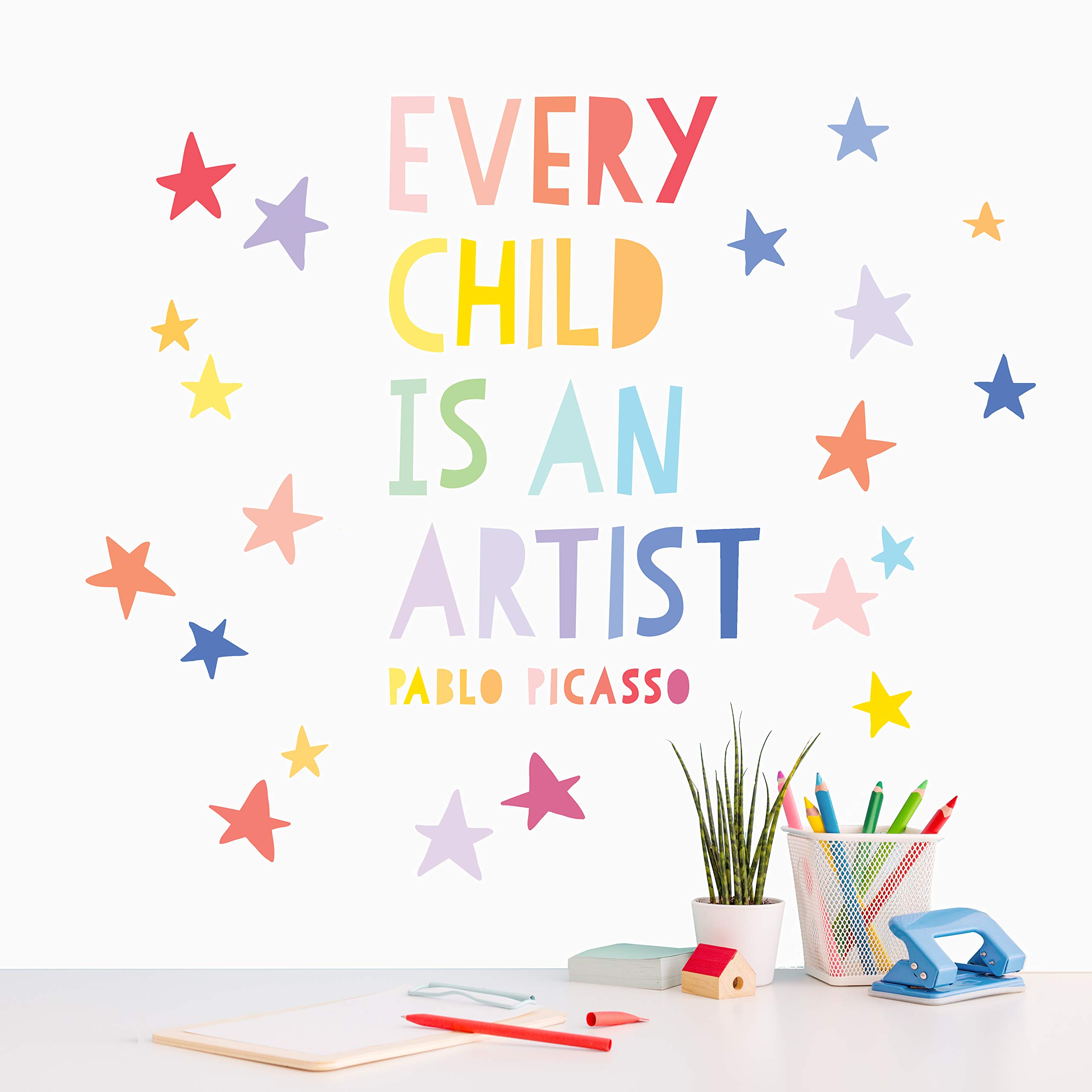 Paper Riot Co. Inspirational Wall Stickers "Every Child is an Artist" Positive Motivational Removable Adhesive Decals for Classroom Kids Room Nursery Bedroom Home Decor