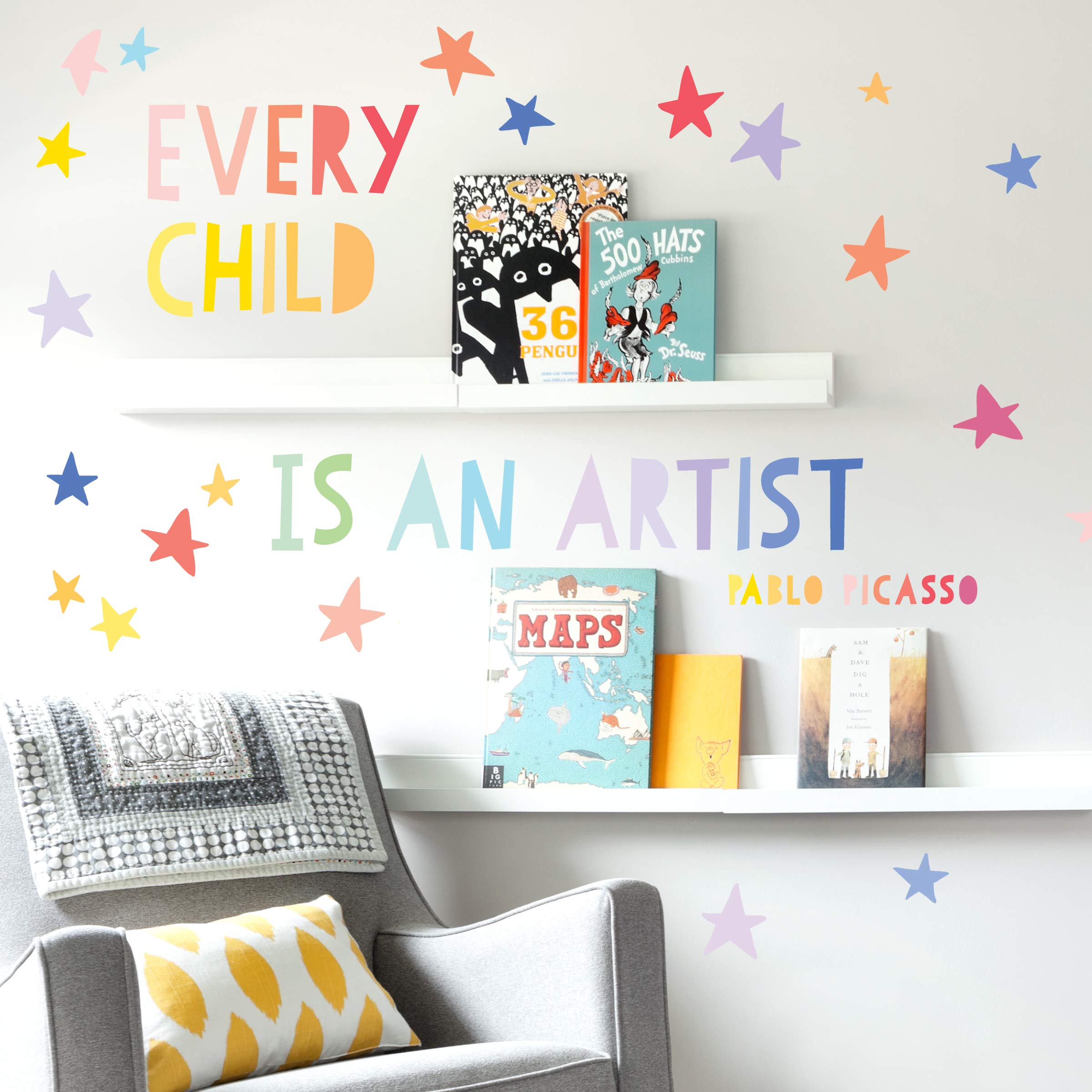 Paper Riot Co. Inspirational Wall Stickers "Every Child is an Artist" Positive Motivational Removable Adhesive Decals for Classroom Kids Room Nursery Bedroom Home Decor