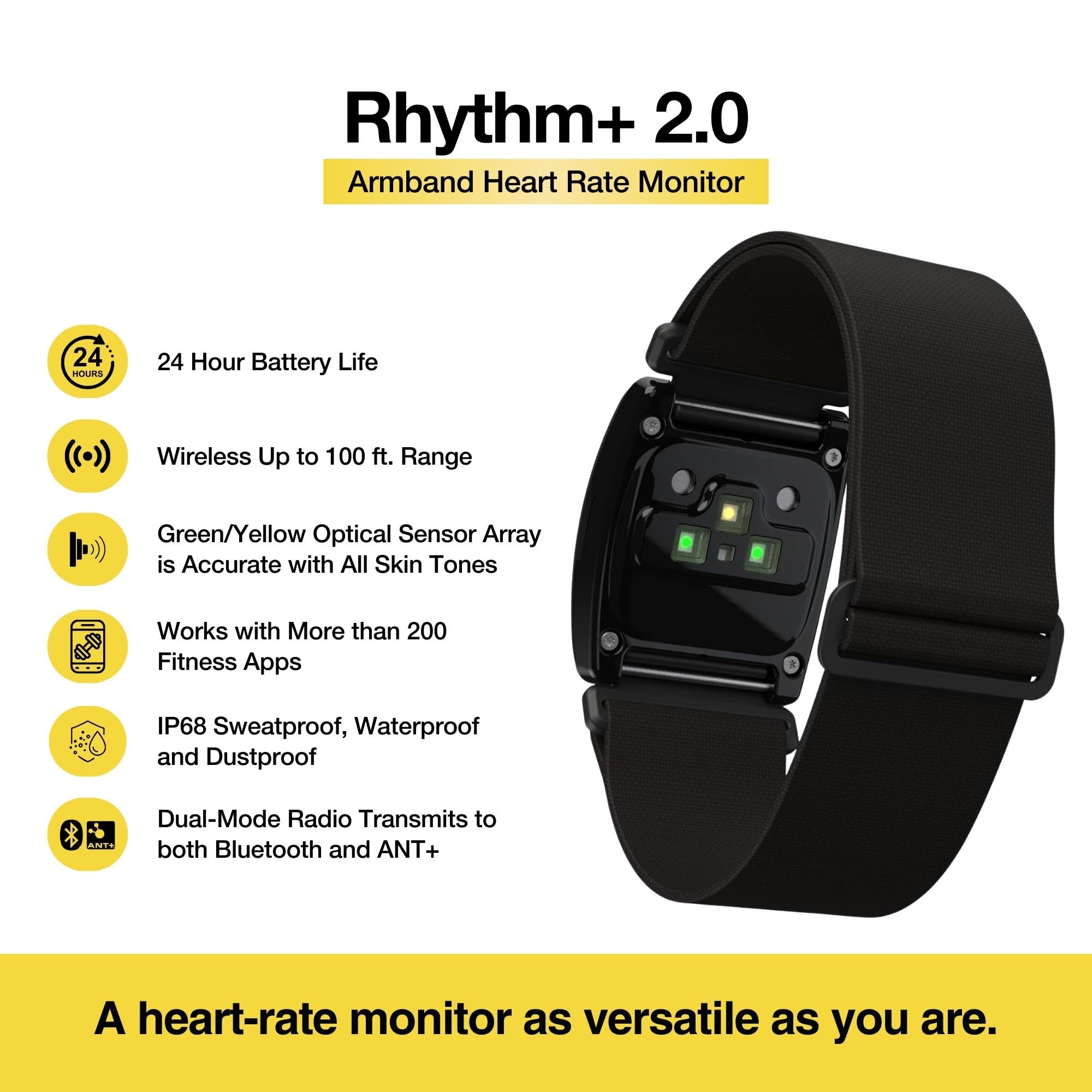 Scosche Rhythm R+2.0: Advanced Waterproof & Dustproof Heart Rate Monitor Armband with ANT+ & BLE Bluetooth Smart for Hyper Accurate Workout Tracking with Wahoo, Peloton, NordicTrack, LED Display