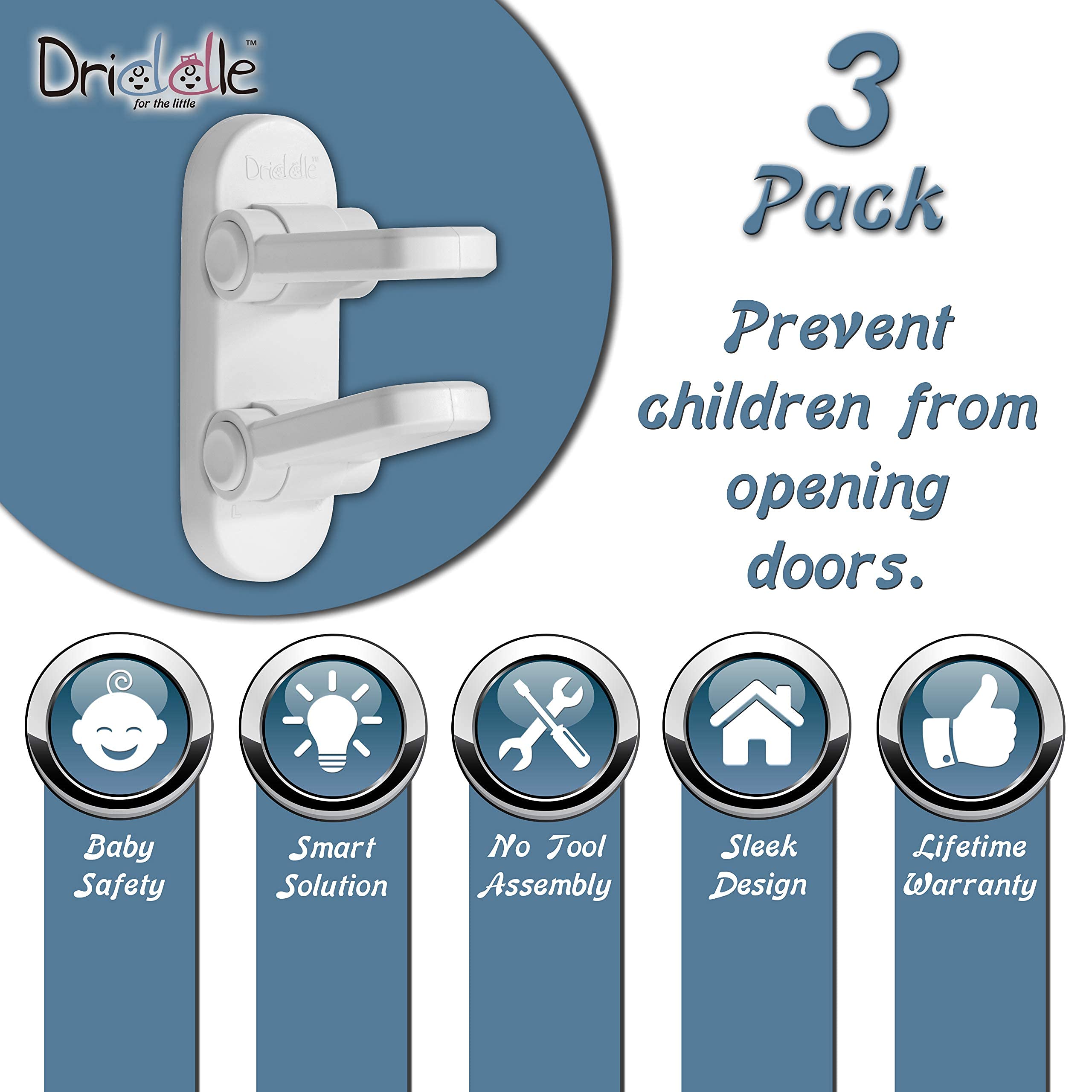 3 Pack - Door Lever Baby Safety Lock - Baby Proofing - Prevent Little Kids from Opening Doors with A Child Proof Door Handle Lock - 3M Adhesive - Driddle