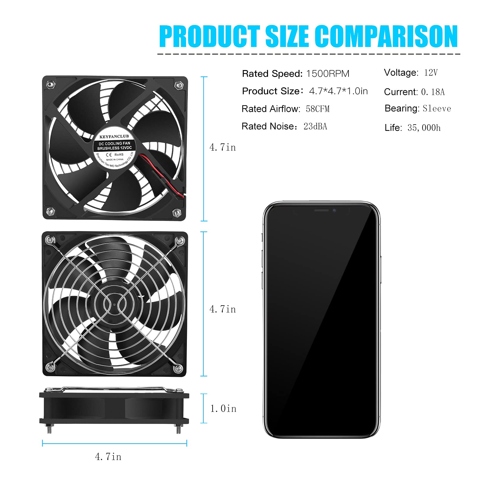 KEYFANCLUB 2-Pack 120mm Fan DC 12V Computer Fan 120mm x120mm x 25mm 2-Pin High Performance Cooling Fan