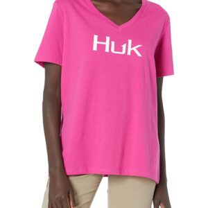 HUK Women's V Neck Tee | Ladies T-Shirt with UPF 30+ Sun Protection, Logo-Rose Violet, X-Large