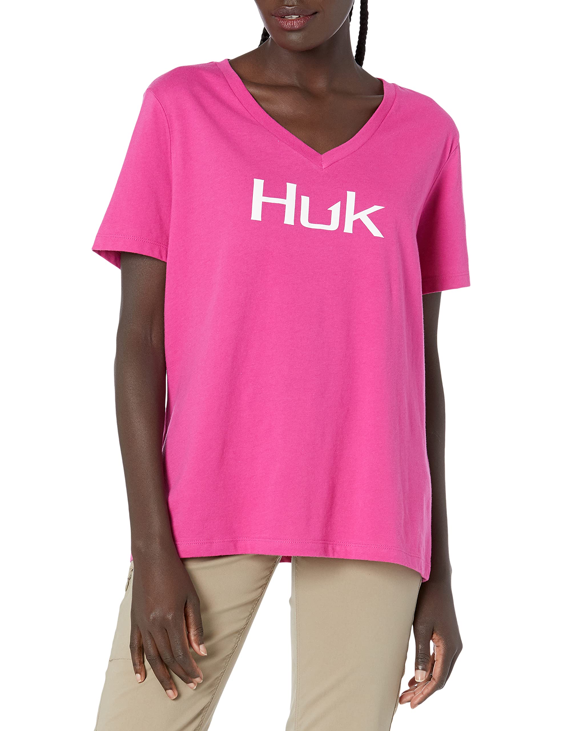 HUK Women's V Neck Tee | Ladies T-Shirt with UPF 30+ Sun Protection, Logo-Rose Violet, X-Large