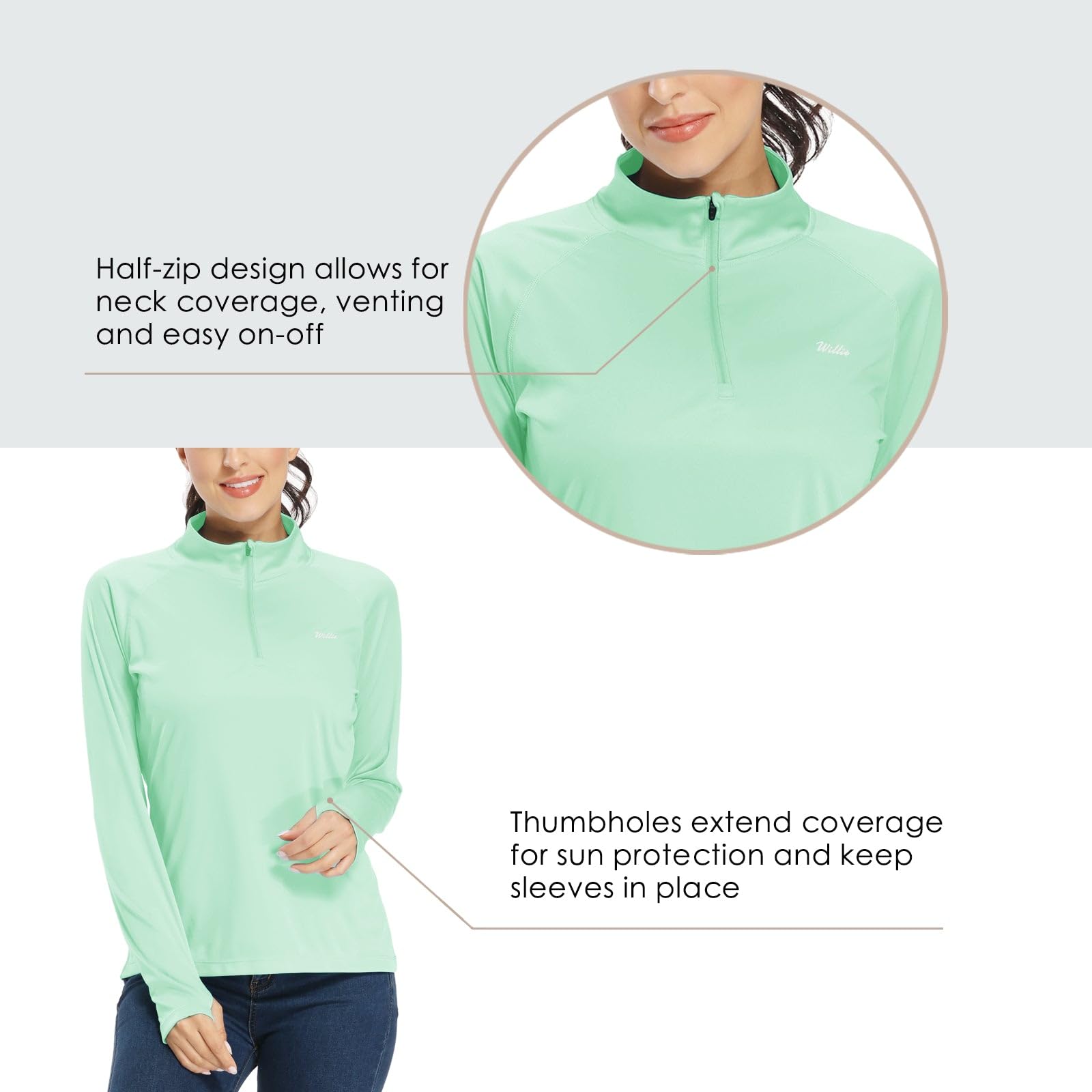 Willit Women's UPF 50+ Sun Protection Shirt SPF Long Sleeve Lightweight Half-Zip Golf Outdoor Shirt Quick Dry Rash Guard Light Green L