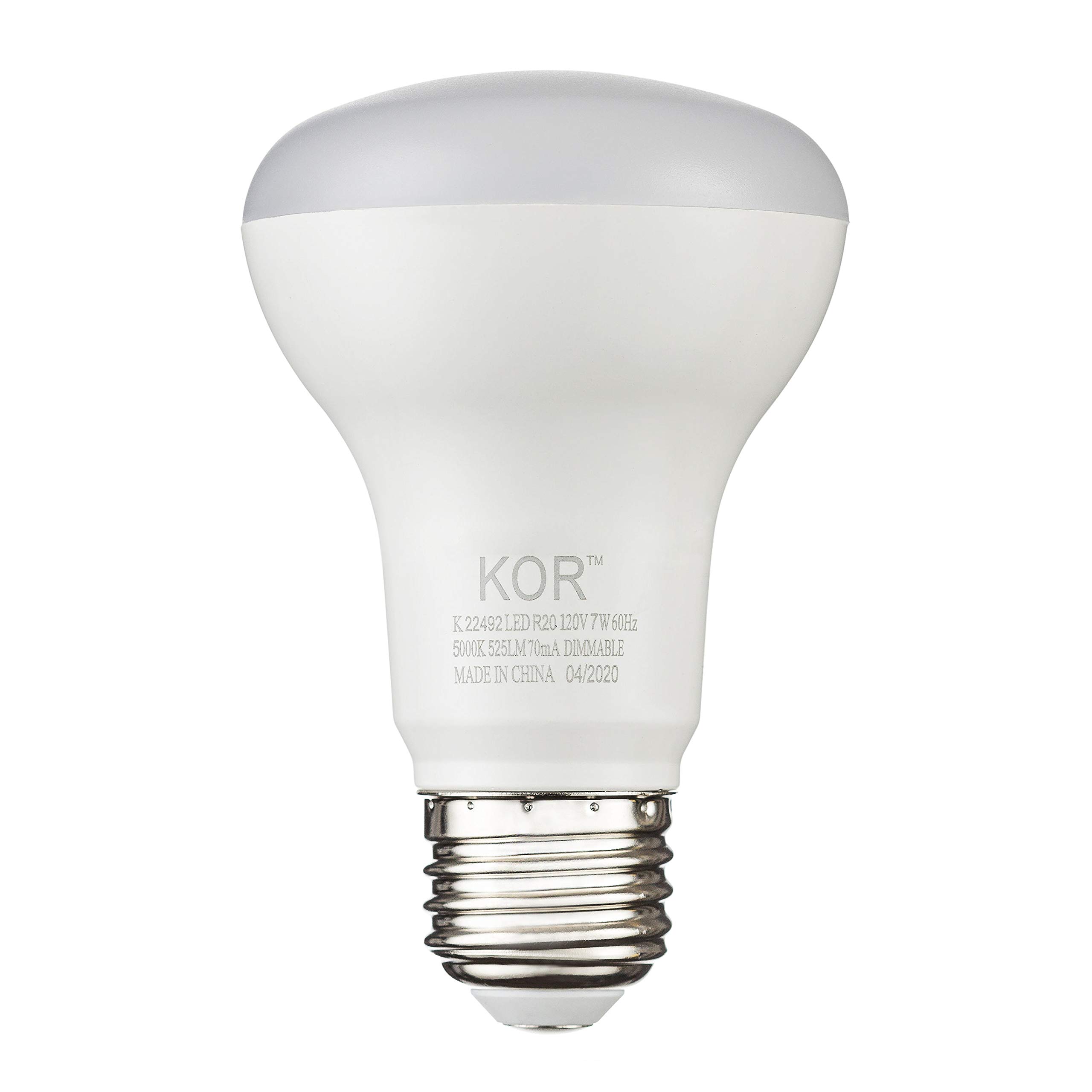 KOR (6 Pack) 7W LED R20 Reflector 5000K Bright White Light Bulb (50W Equivalent), Dimmable, 525 Lumens, Standard E26 Base, BR20 LED Flood Light Bulbs.