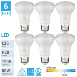 KOR (6 Pack) 7W LED R20 Reflector 5000K Bright White Light Bulb (50W Equivalent), Dimmable, 525 Lumens, Standard E26 Base, BR20 LED Flood Light Bulbs.