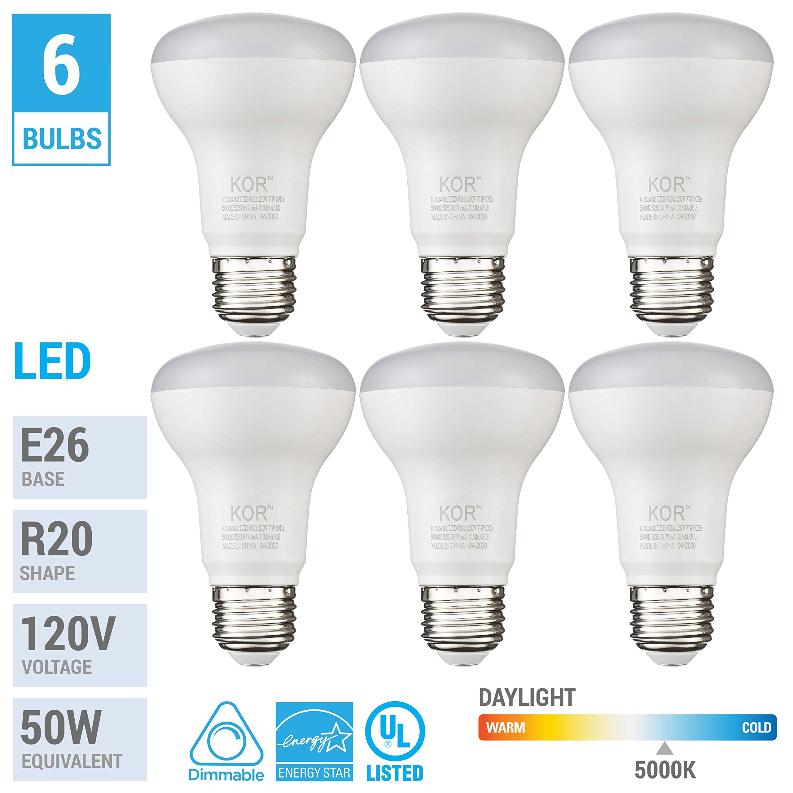 KOR (6 Pack) 7W LED R20 Reflector 5000K Bright White Light Bulb (50W Equivalent), Dimmable, 525 Lumens, Standard E26 Base, BR20 LED Flood Light Bulbs.