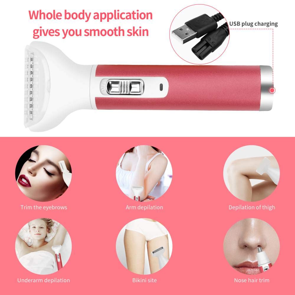 Sdmelld Hair Remover for Women,Painless 5 in 1 Electric Shaver USB Rechargeable,Eyebrow Nose Trimmer,Body Waterproof Bikini Facial Hair Removal for Women (Pink)