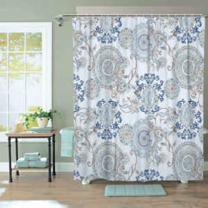 Neasow Teal and White Shower Curtain, Watercolor Floral Bathroom Curtain Light Blue Paisley Design Shower Curtains Aqua 72×72 inches