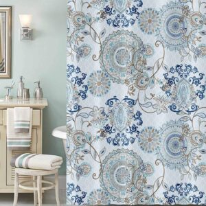 Neasow Teal and White Shower Curtain, Watercolor Floral Bathroom Curtain Light Blue Paisley Design Shower Curtains Aqua 72×72 inches