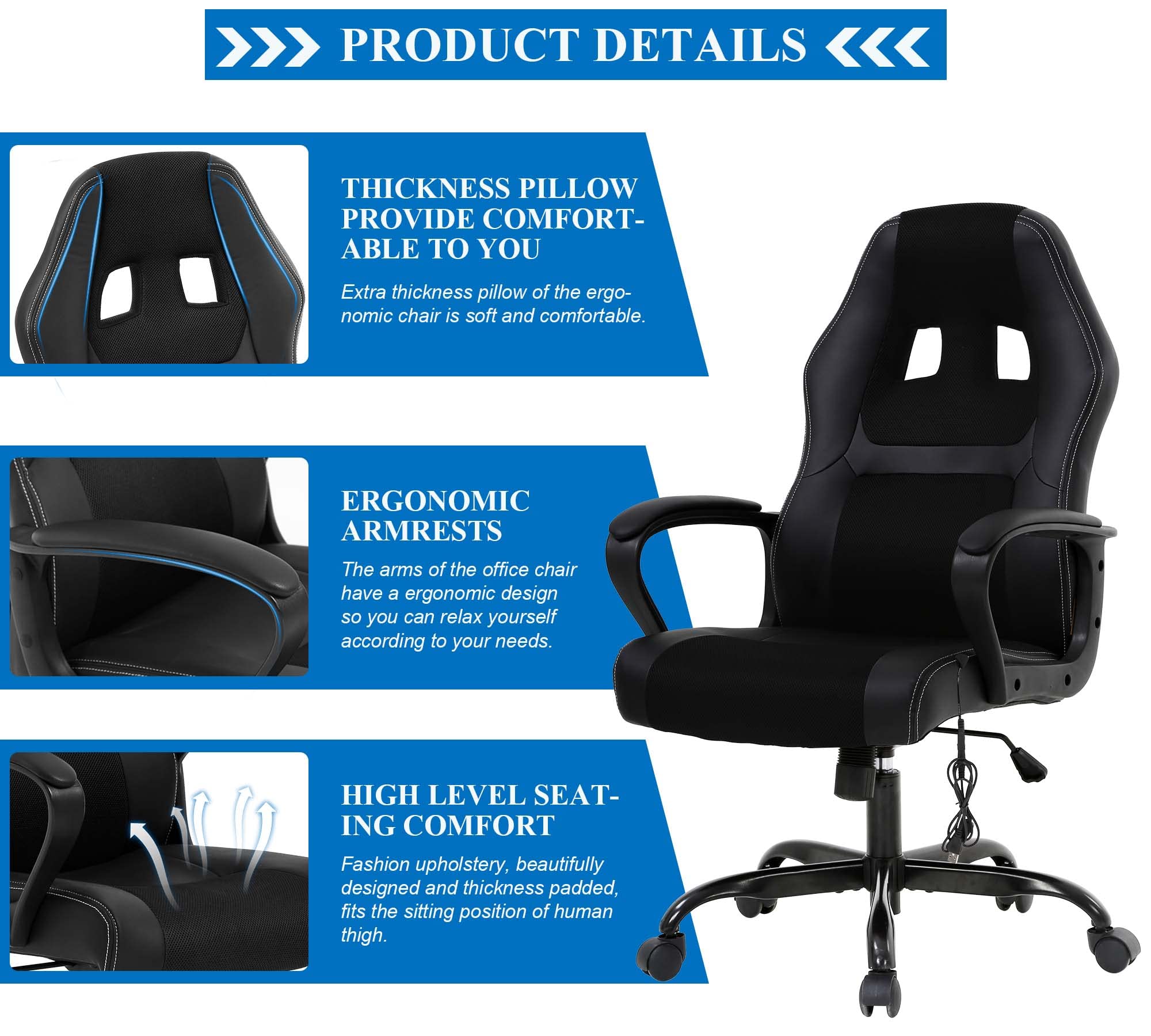 Ergonomic Heavy Duty Leather Racing Video Game Office Chair with Massage Function Lumbar Support PC Office Chair Gaming Desk Chair for Home Office Best Computer Gaming Chairs Video Game Chairs, Black