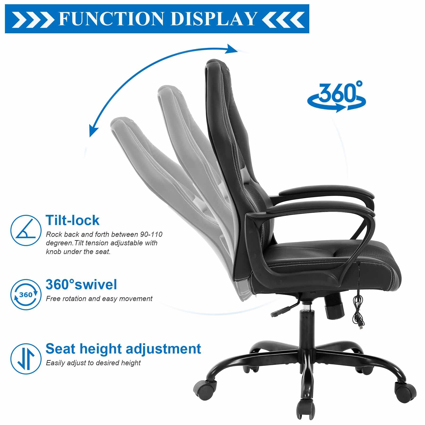 Ergonomic Heavy Duty Leather Racing Video Game Office Chair with Massage Function Lumbar Support PC Office Chair Gaming Desk Chair for Home Office Best Computer Gaming Chairs Video Game Chairs, Black