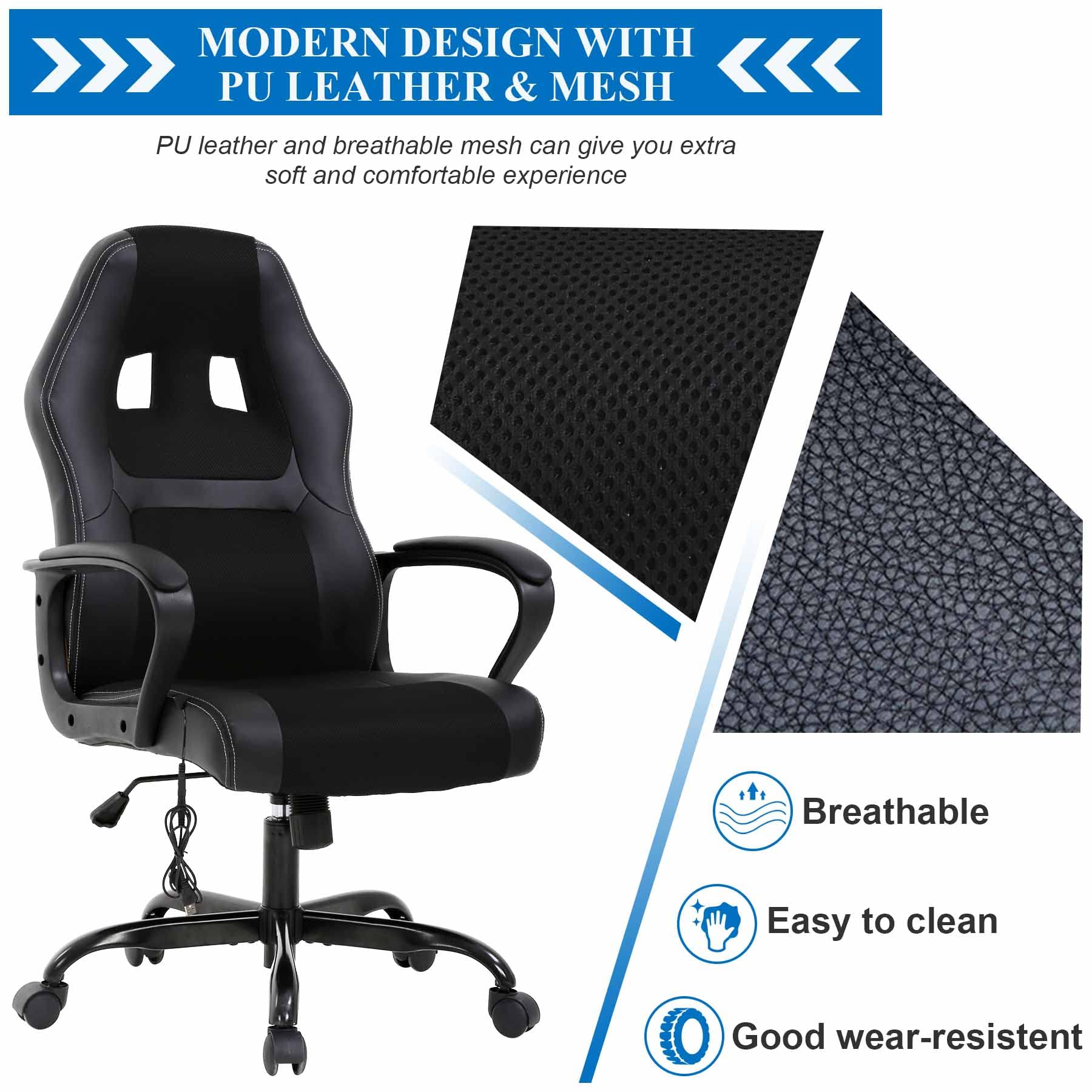 Ergonomic Heavy Duty Leather Racing Video Game Office Chair with Massage Function Lumbar Support PC Office Chair Gaming Desk Chair for Home Office Best Computer Gaming Chairs Video Game Chairs, Black