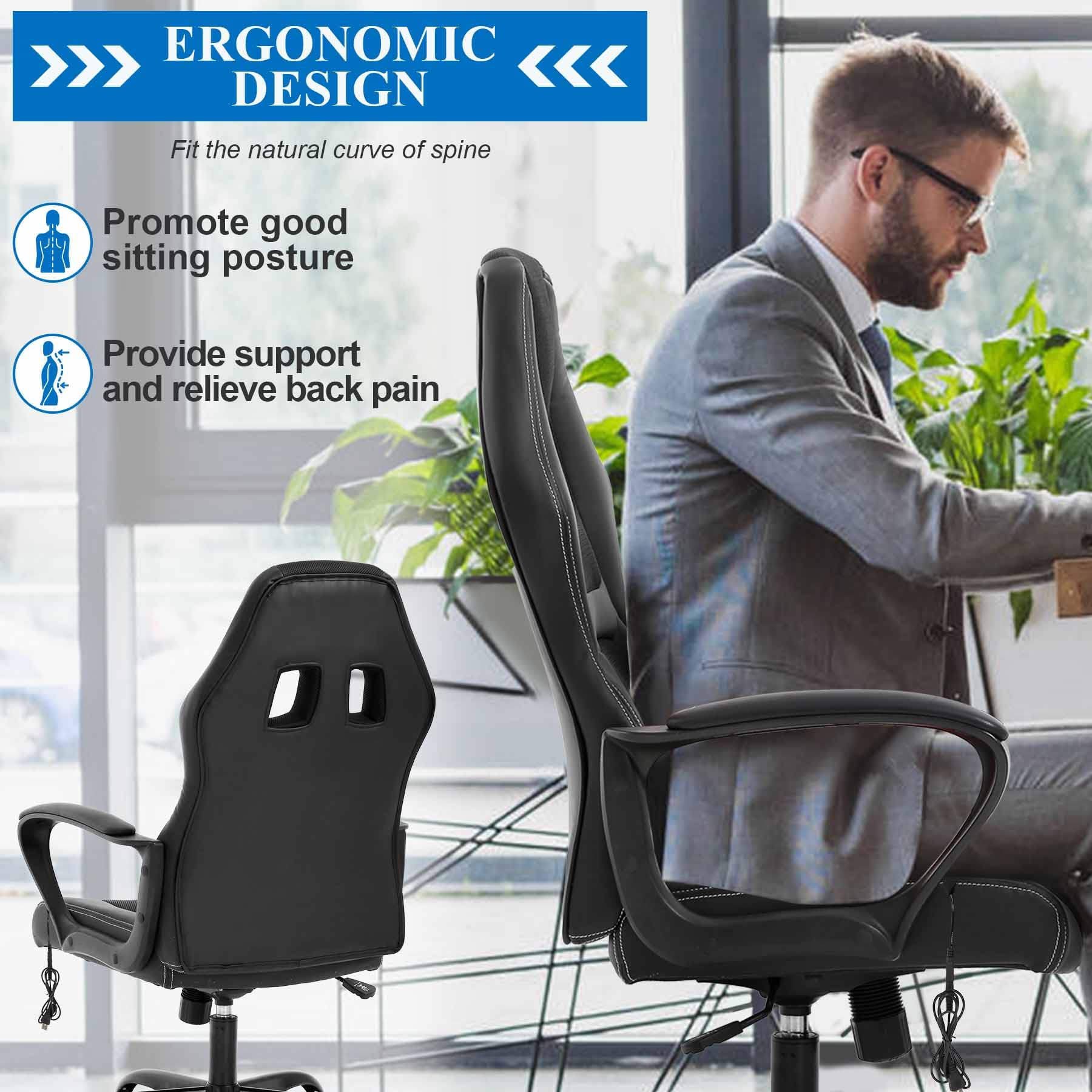 Ergonomic Heavy Duty Leather Racing Video Game Office Chair with Massage Function Lumbar Support PC Office Chair Gaming Desk Chair for Home Office Best Computer Gaming Chairs Video Game Chairs, Black