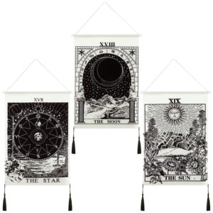 3 pieces tarot card tapestry moon star and sun tapestry mountain tapestry black and white art tapestry astronomical theme wall hanging decoration for home room, 13.8 x 19.7 inches