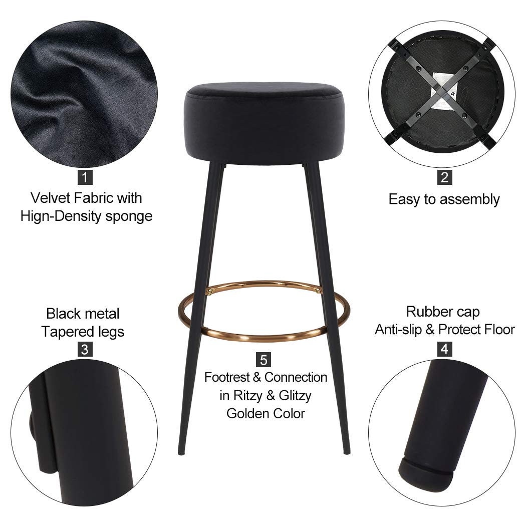 DUHOME Set of 2, Modern Round Velvet Bar Stools, Height 30 Inches, Kitchen Breakfast Round Dining Chair Height for Coffee Shop, Bar, Home Balcony(2pcs, Black)