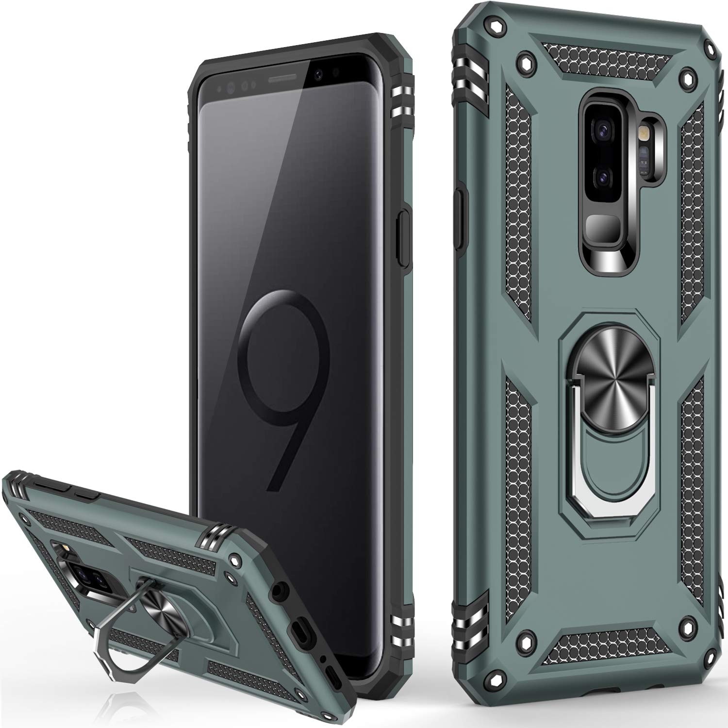 Galaxy S9+ Plus Case,(NOT for Small S9),Military Grade 16ft. Drop Tested Cover with Magnetic Ring Kickstand Compatible with Car Mount Holder,Protective Phone Case for Samsung Galaxy S9 Plus Pine Green