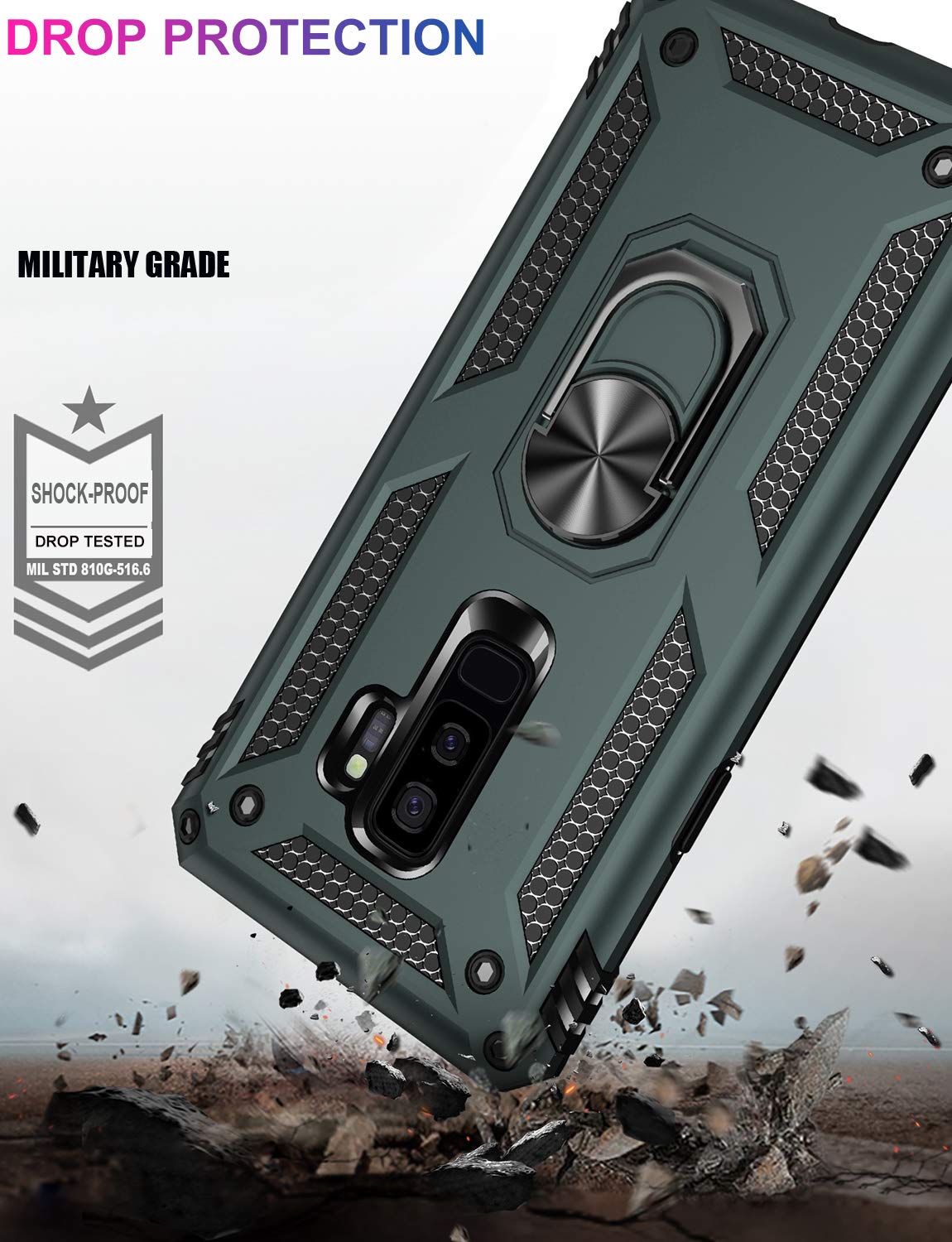 Galaxy S9+ Plus Case,(NOT for Small S9),Military Grade 16ft. Drop Tested Cover with Magnetic Ring Kickstand Compatible with Car Mount Holder,Protective Phone Case for Samsung Galaxy S9 Plus Pine Green