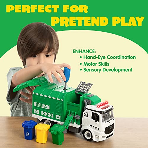 JOYIN Recycling Garbage Truck Toy, Kids DIY Assembly Friction Powered Side-Dump Garbage Toy with Light and Sounds, 3 Trash Cans, 3 Replaceable Screwdrivers, Boys & Girls Gifts