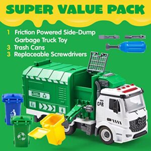 JOYIN Recycling Garbage Truck Toy, Kids DIY Assembly Friction Powered Side-Dump Garbage Toy with Light and Sounds, 3 Trash Cans, 3 Replaceable Screwdrivers, Boys & Girls Gifts