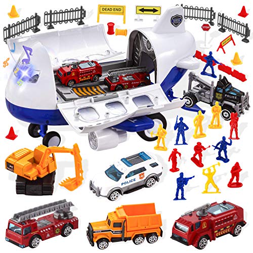 Transport Cargo Airplane Toy City Hero with Vehicles Including 1 Friction Powered Air Plane, 6 Die-Cast Cars, 12 Worker Action Figures, Various Traffic Road Signs