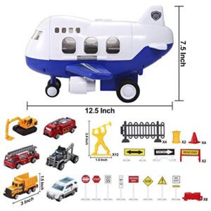 Transport Cargo Airplane Toy City Hero with Vehicles Including 1 Friction Powered Air Plane, 6 Die-Cast Cars, 12 Worker Action Figures, Various Traffic Road Signs