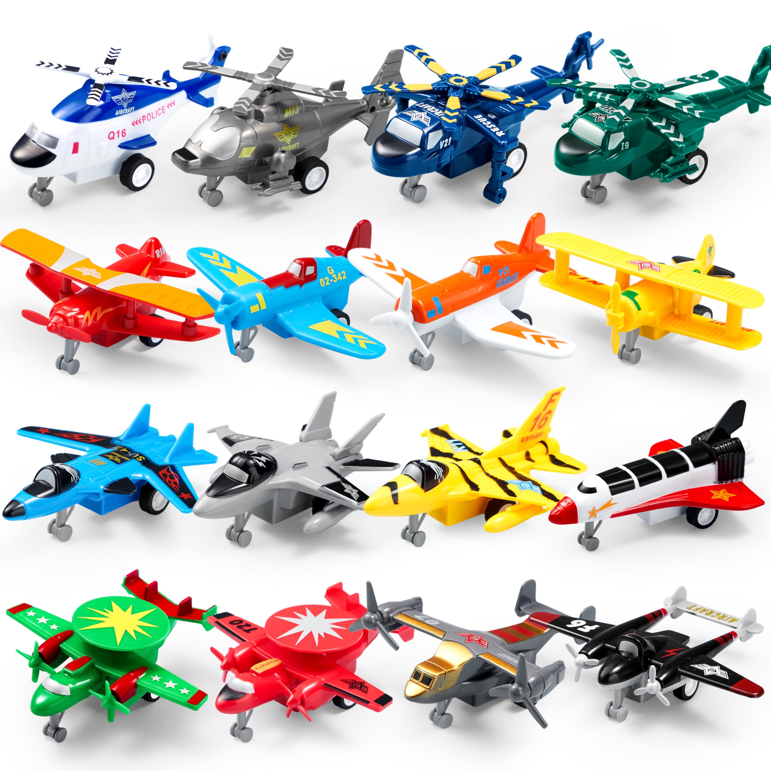 JOYIN 16 Pcs Pull Back Airplane Toys, Boys Plane Playset, Aircraft Incl Helicopter Toys, Fighter Jet Toys, Bomber Toys, Biplane Toy, Gifts for Toddler Kids 3+ Years Old, Kids Presents Toys