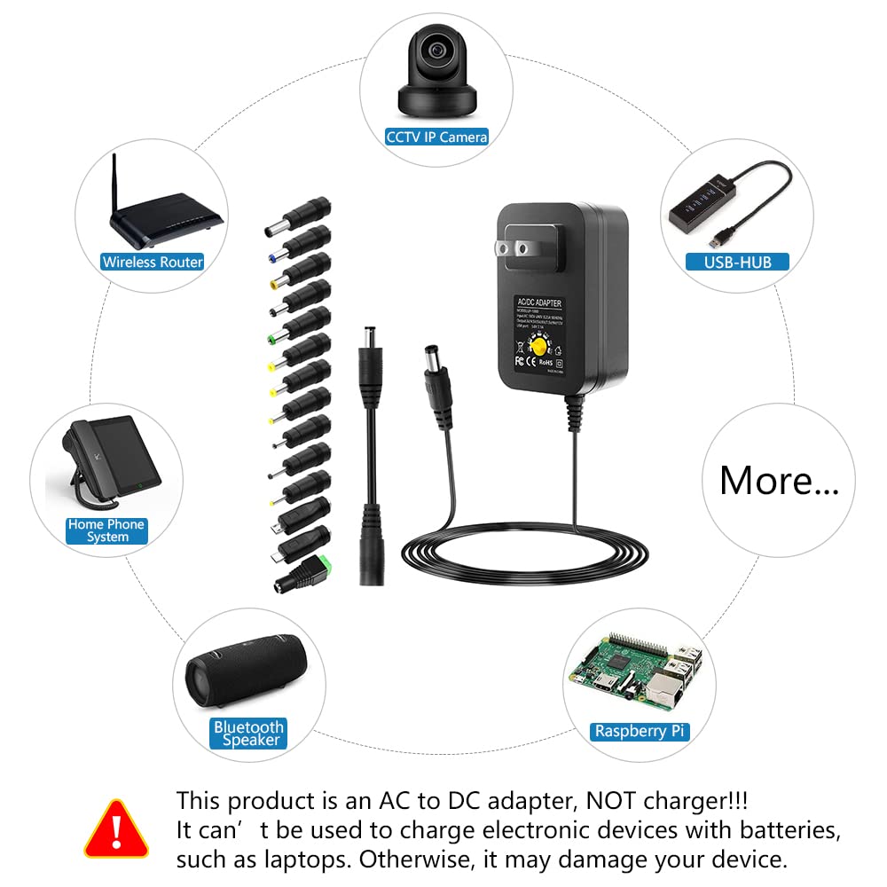 SHNITPWR 30W Universal Power Supply 3V 4.5V 5V 6V 7.5V 9V 12V Adjustable Variable AC/DC Adapter with 5V 2.1A USB Port, 100V-240V AC to DC 3V~12V Converter 0.5A 1A 1.2A 1.5A 2A 2.5A Max with 14 Tips